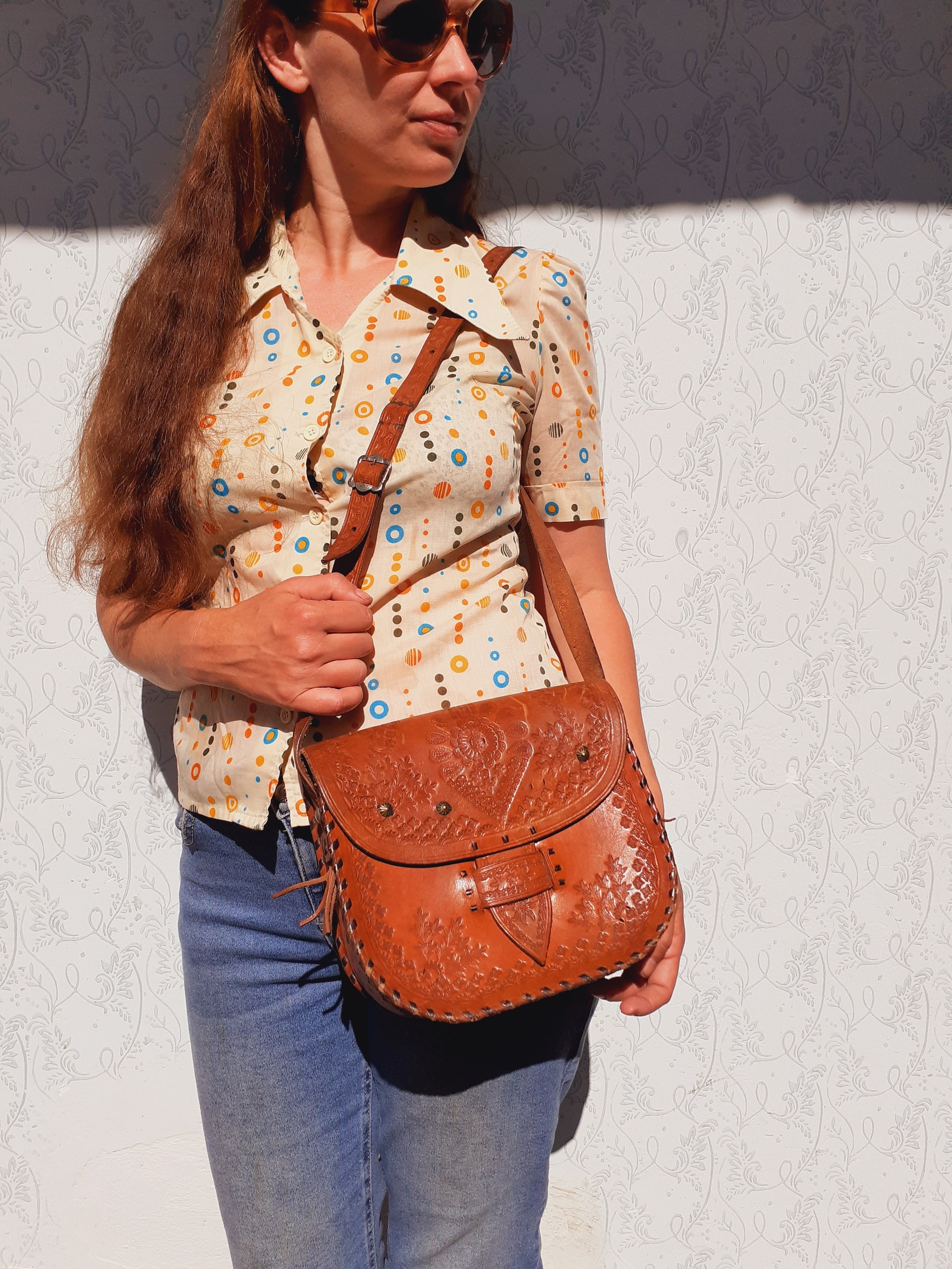 70s Boho Hippie Tooled Leather Shoulder Bag - Etsy