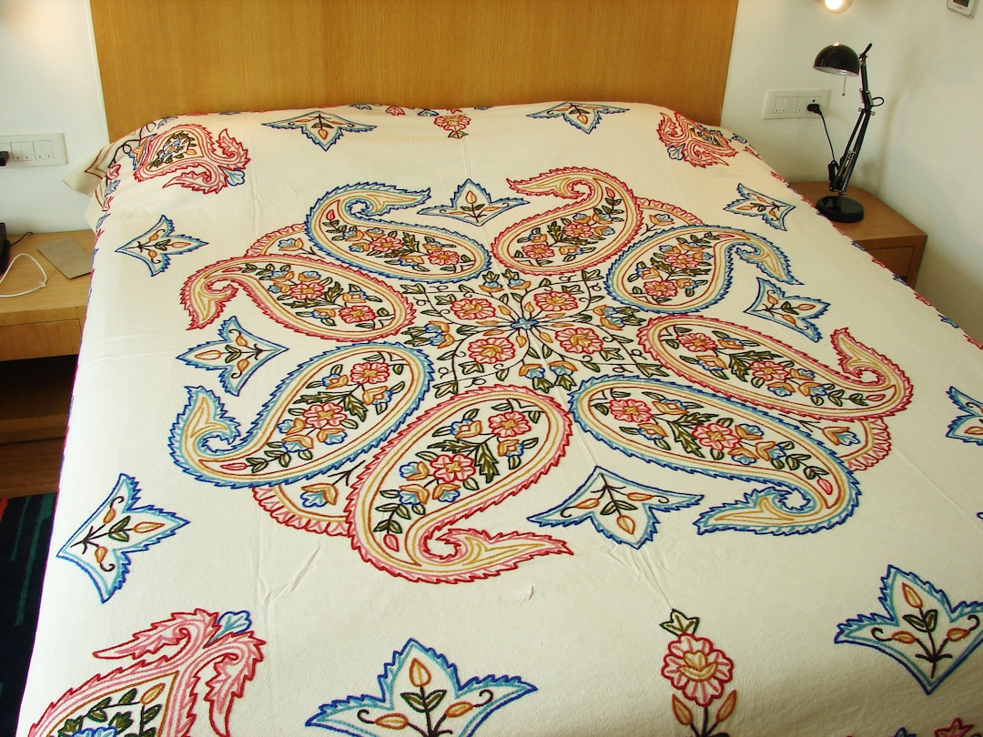 Hand Embroidered Kashmir Crewel Bedspread: Luxurious Indian Bedding ...