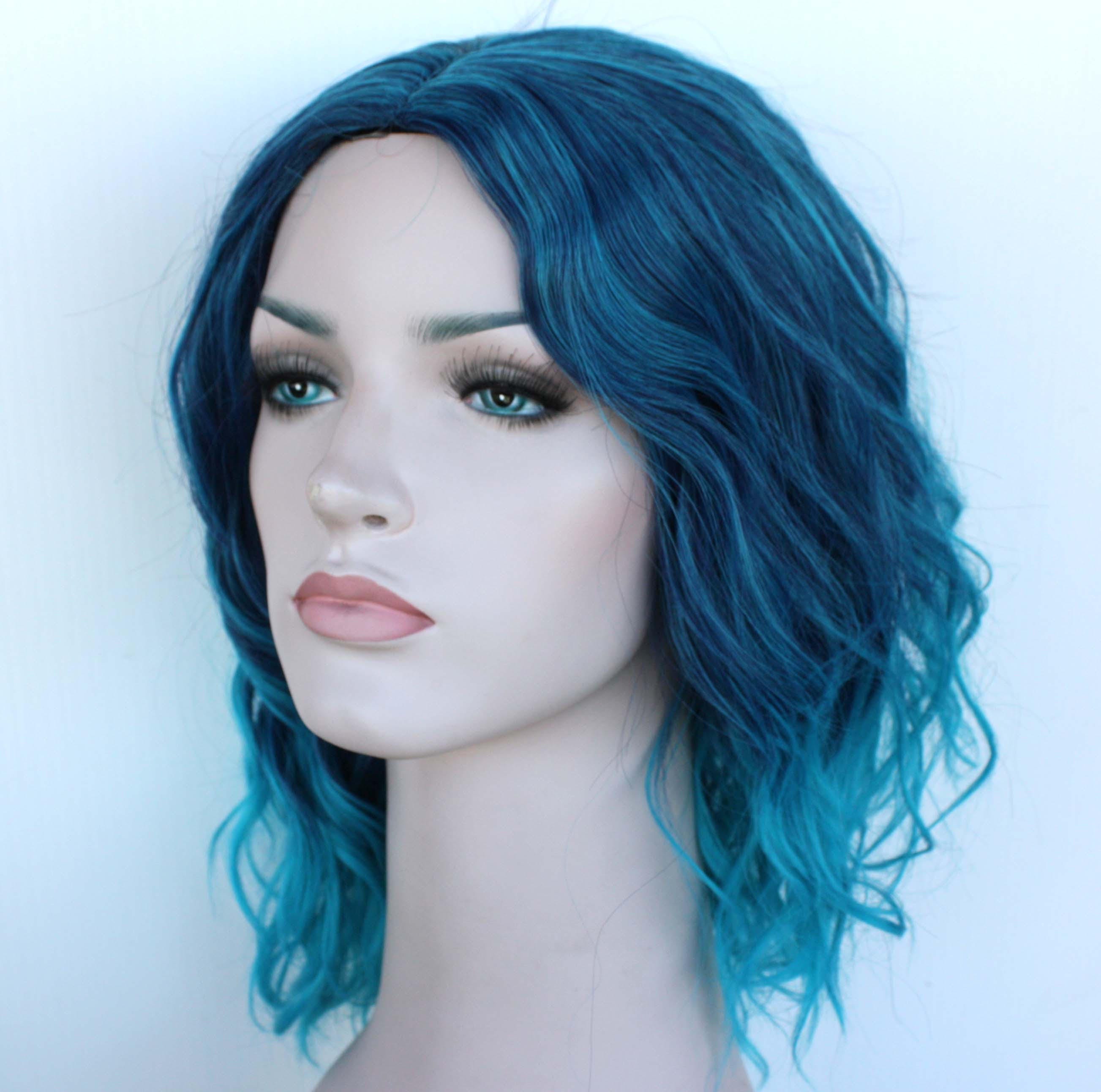 Turquoise Dark Blue Teal Ombre Shoulder Length Wavy Wig. Party - Etsy