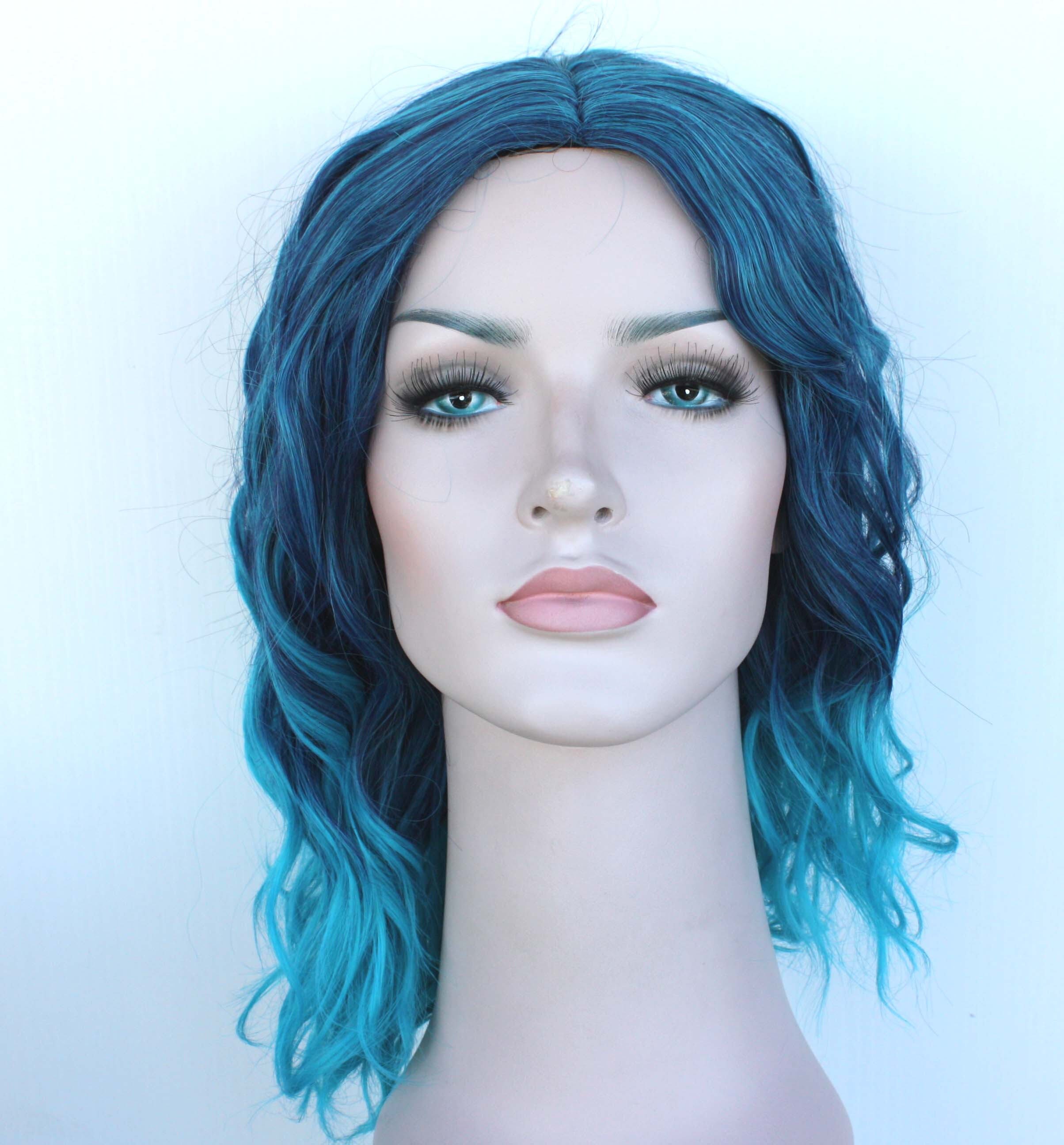 Turquoise Dark Blue Teal Ombre Shoulder Length Wavy Wig. Party - Etsy