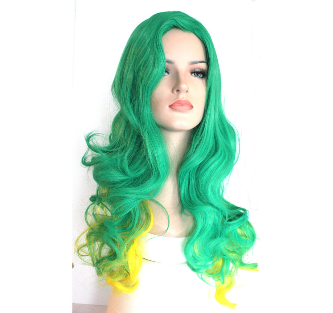 Green and Yellow Ombre Long Curly Wig. High Quality Synthetic Long Hair ...