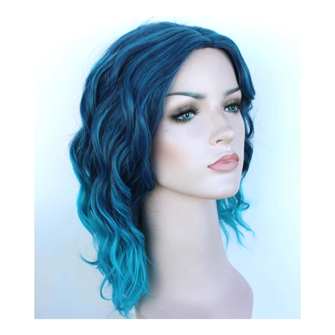 Turquoise Dark Blue Teal Ombre Shoulder Length Wavy Wig for Women. High ...