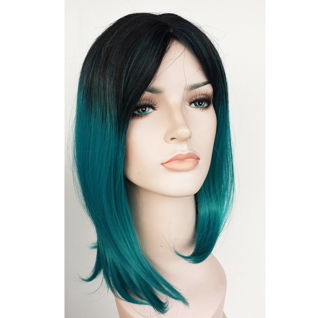 Turquoise and Black Shoulder Length Wig. Multi-colored Premium High ...