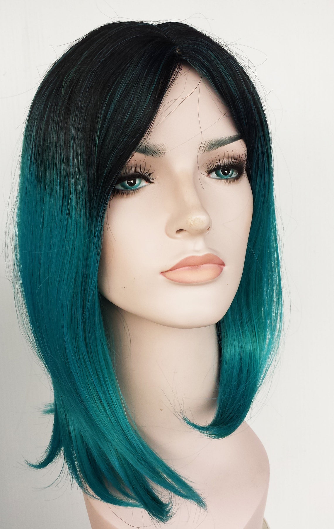 Turquoise and Black Shoulder Length Wig. Green Short Hair. | Etsy