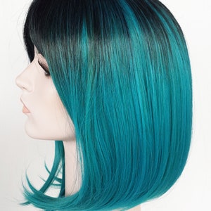 Turquoise and Black Shoulder Length Wig. Multi-colored Premium High ...