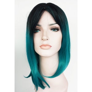 Turquoise and Black Shoulder Length Wig. Multi-colored Premium High ...