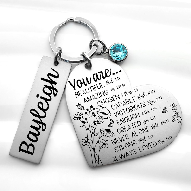 Custom Bible Verse Heart Keychain: Personalized Name & Birthstone - Etsy