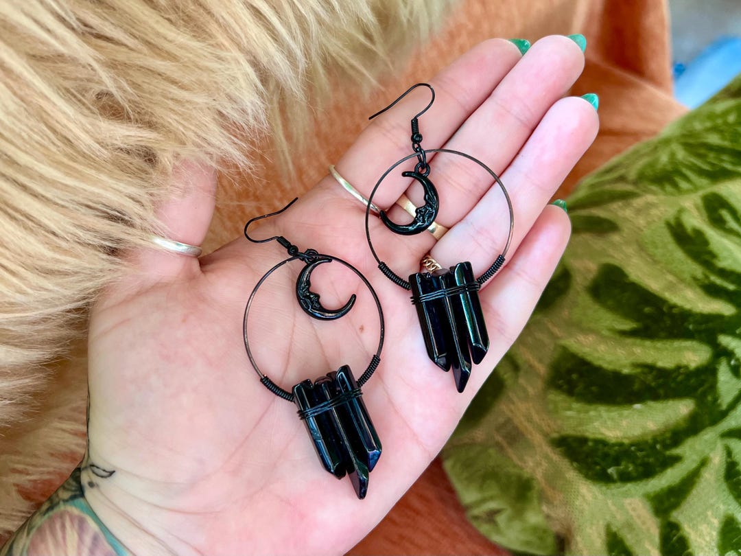 Black Obsidian Point Wire Wrapped Moon Hoop Black Coated Stainless ...