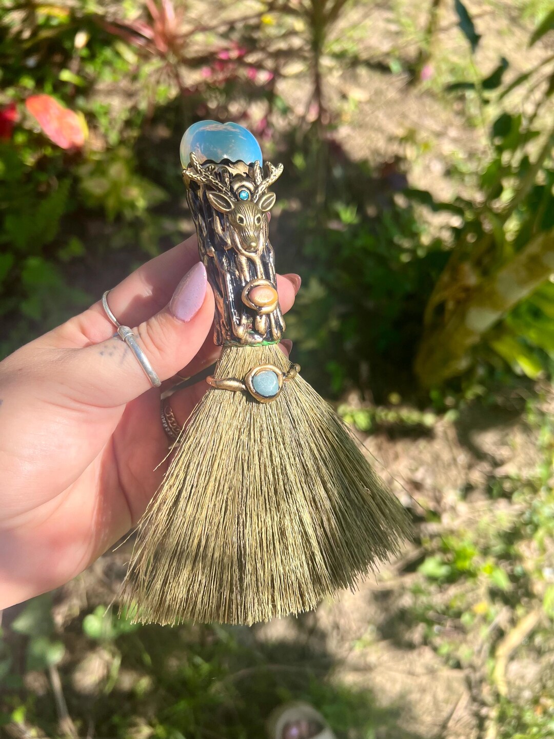 Miniature Deer Witches Alter Broom With Opalite and Jade, for Cleansing ...
