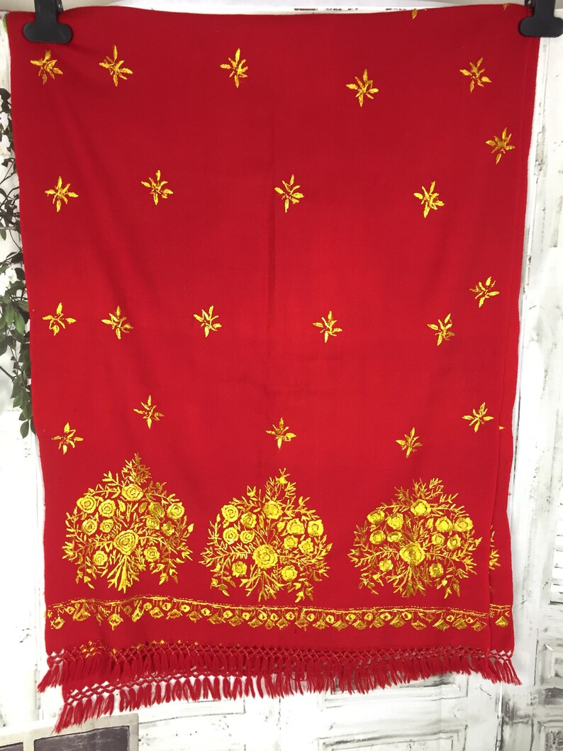 Original Vintage Red Wool And Gold Embroidered Shawl | Etsy