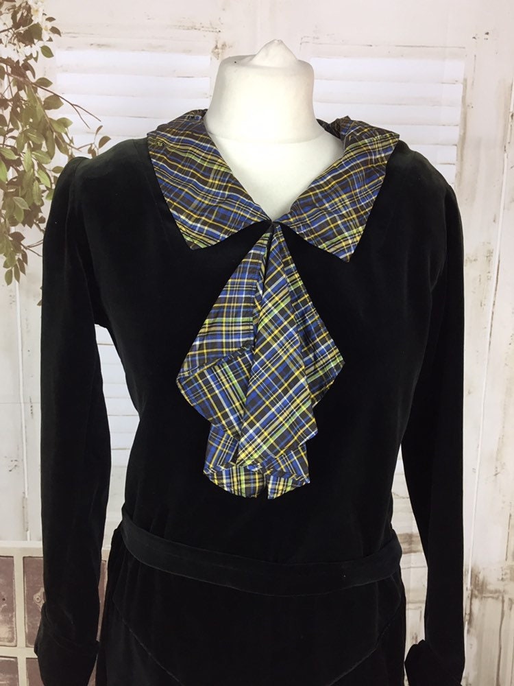 Original 1940s 40s Vintage Dress Black Velvet Taffetta Plaid Bow ...