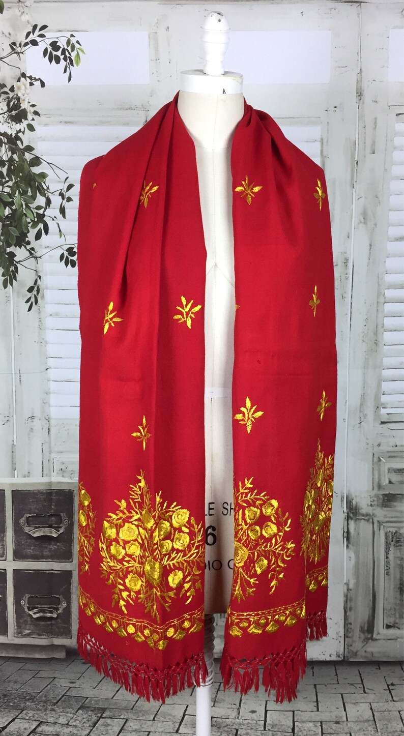 Original Vintage Red Wool And Gold Embroidered Shawl | Etsy