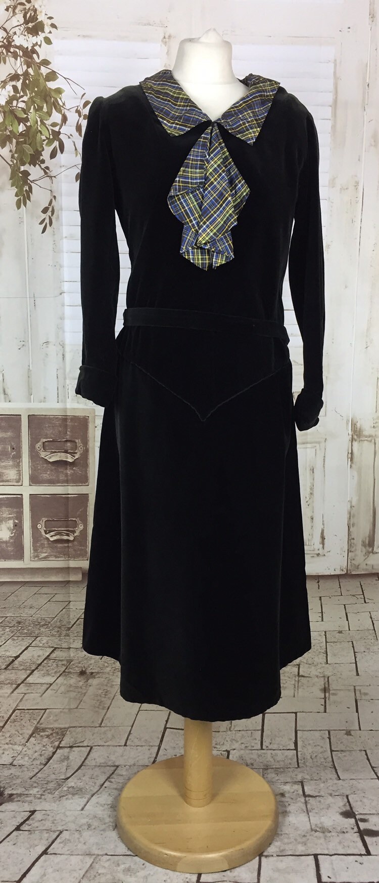 Original 1940s 40s Vintage Dress Black Velvet Taffetta Plaid Bow ...