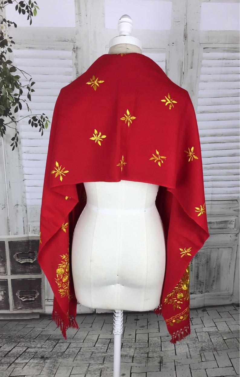 Original Vintage Red Wool And Gold Embroidered Shawl | Etsy