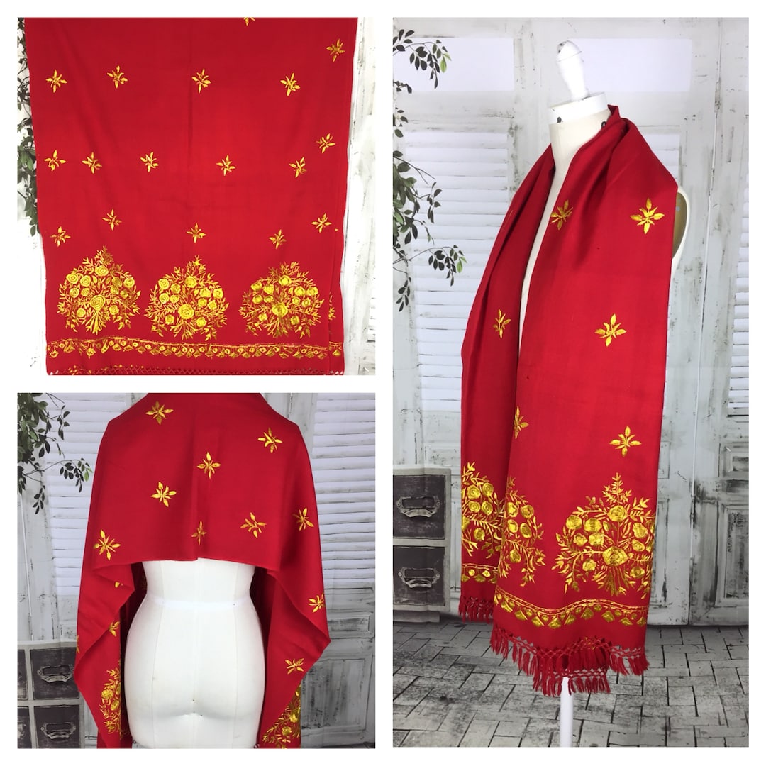Original Vintage Red Wool and Gold Embroidered Shawl - Etsy