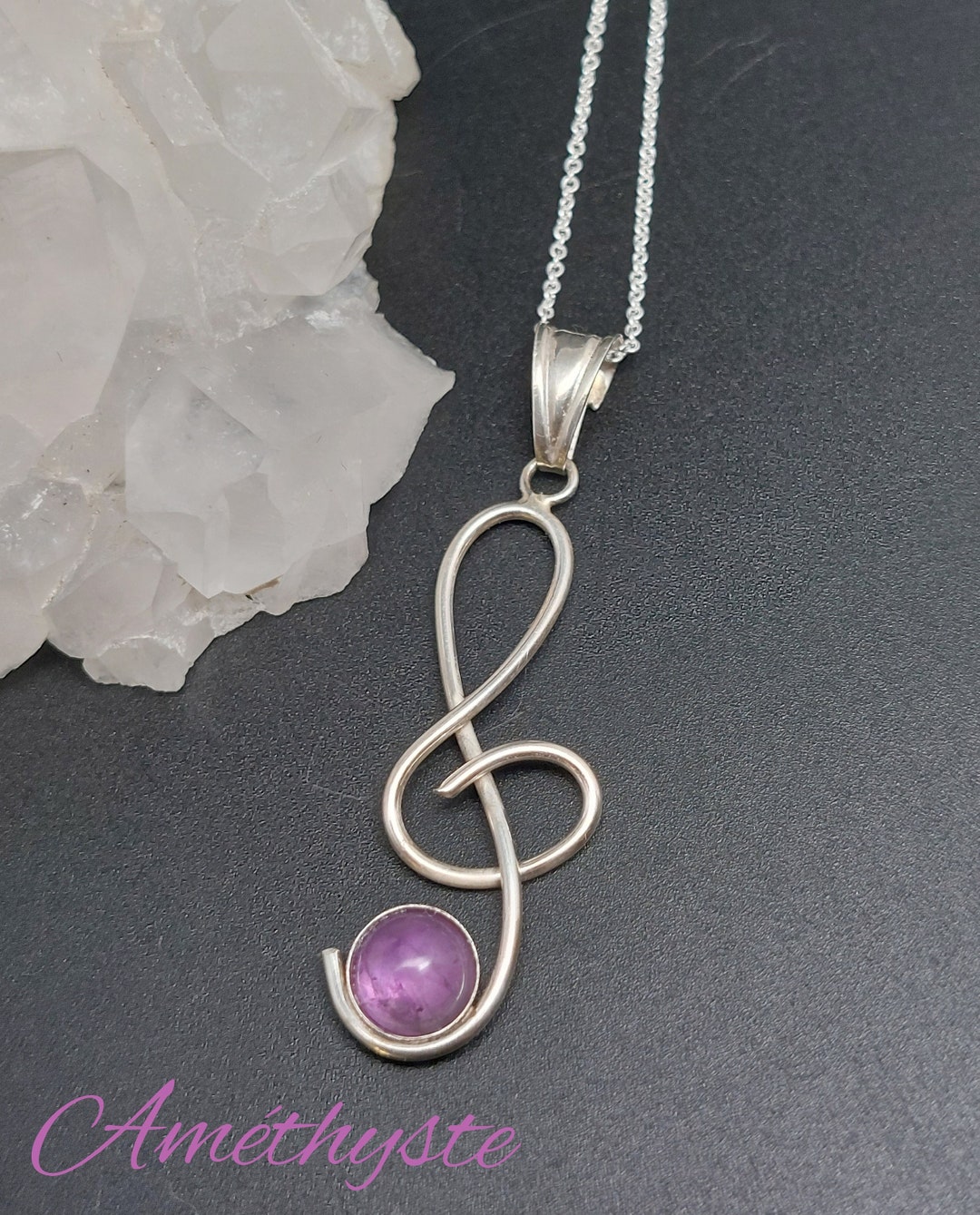 Treble Clef Pendant in Amethyst Sterling Silver Necklace-natural Stones ...