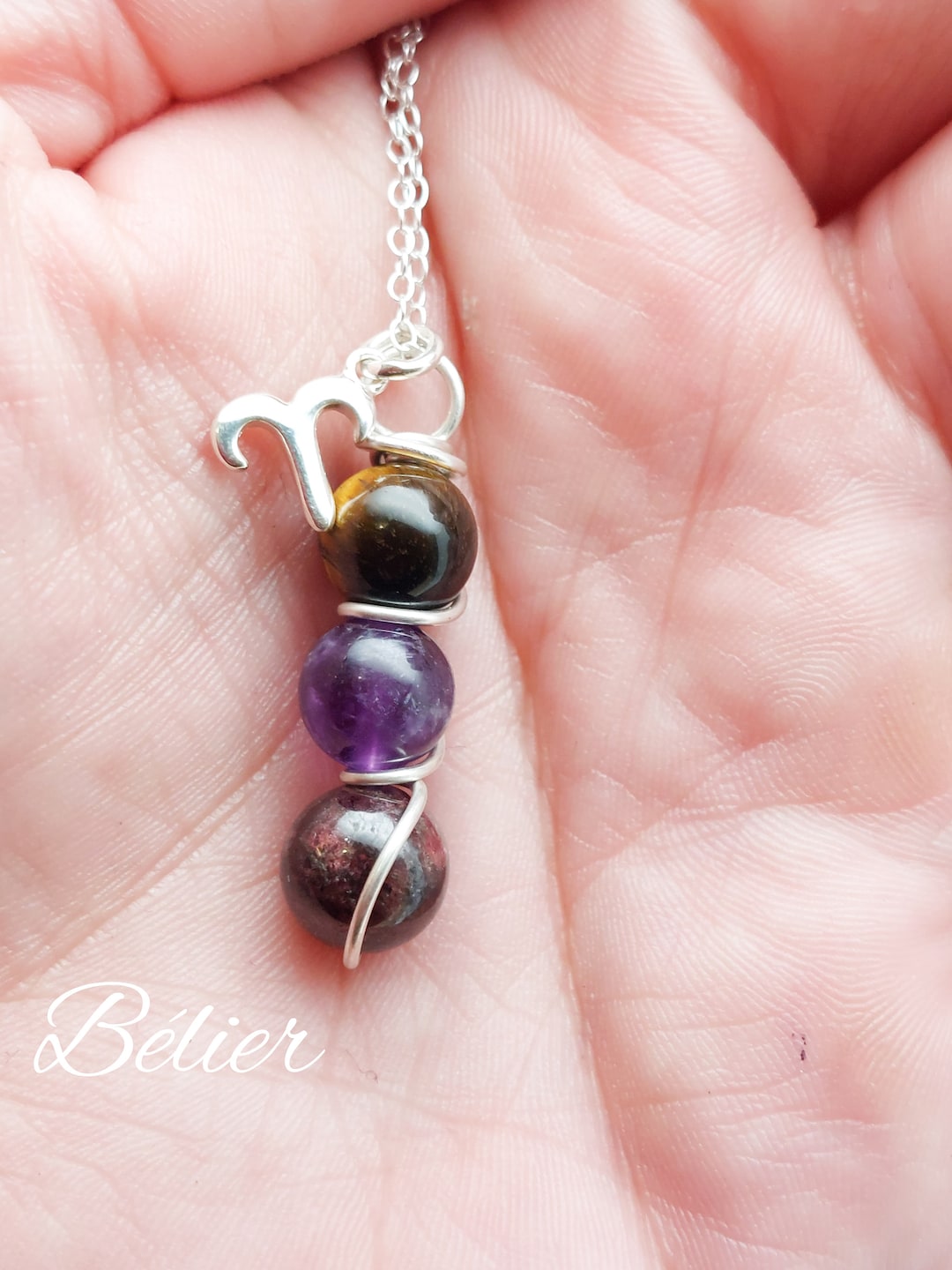 Aries Pendant in Silver and Natural Stones, Zodiac Necklace ...