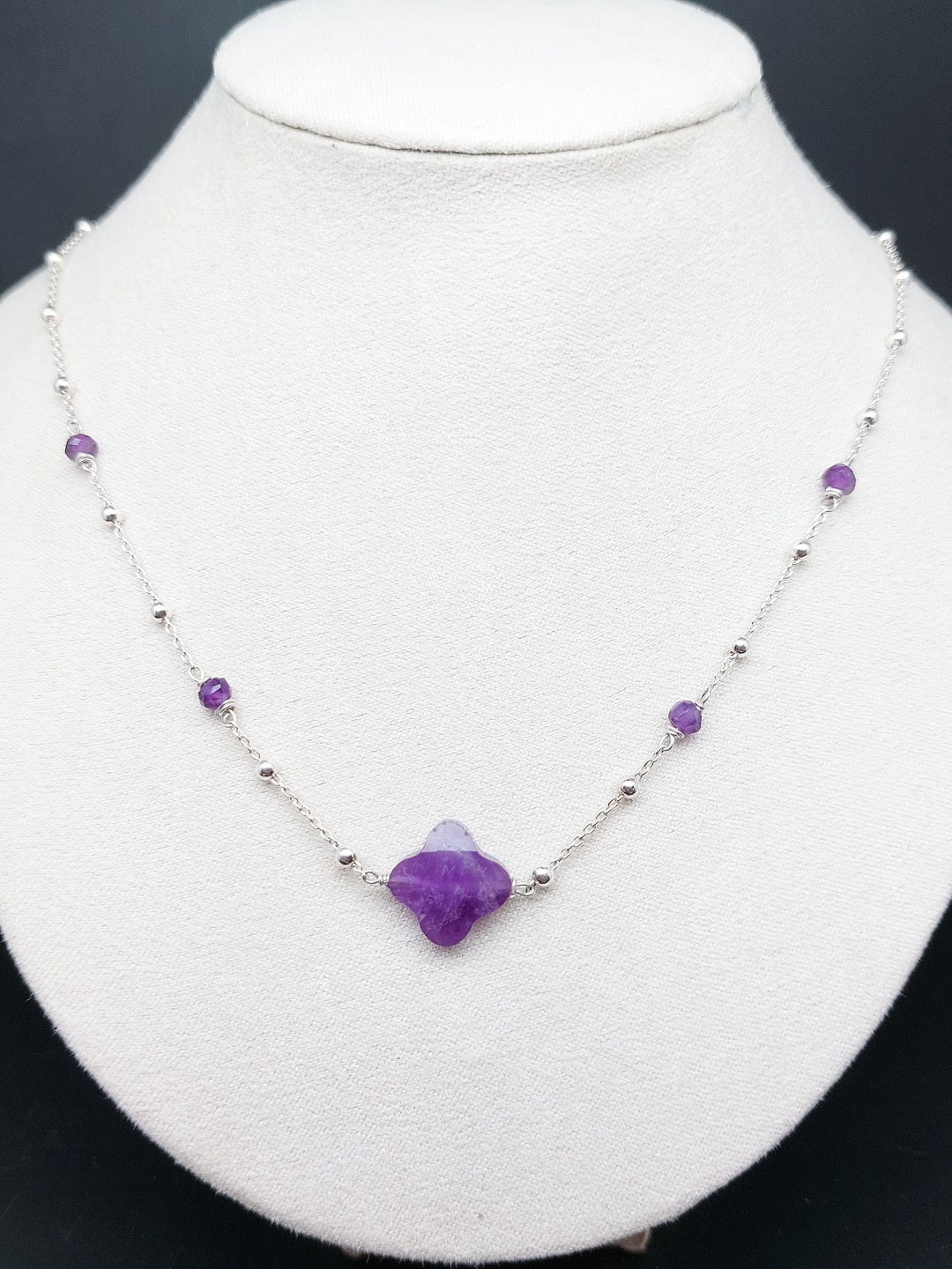Amethyst Clover Necklace - Natural Stone Pendant - Silver Chain ...