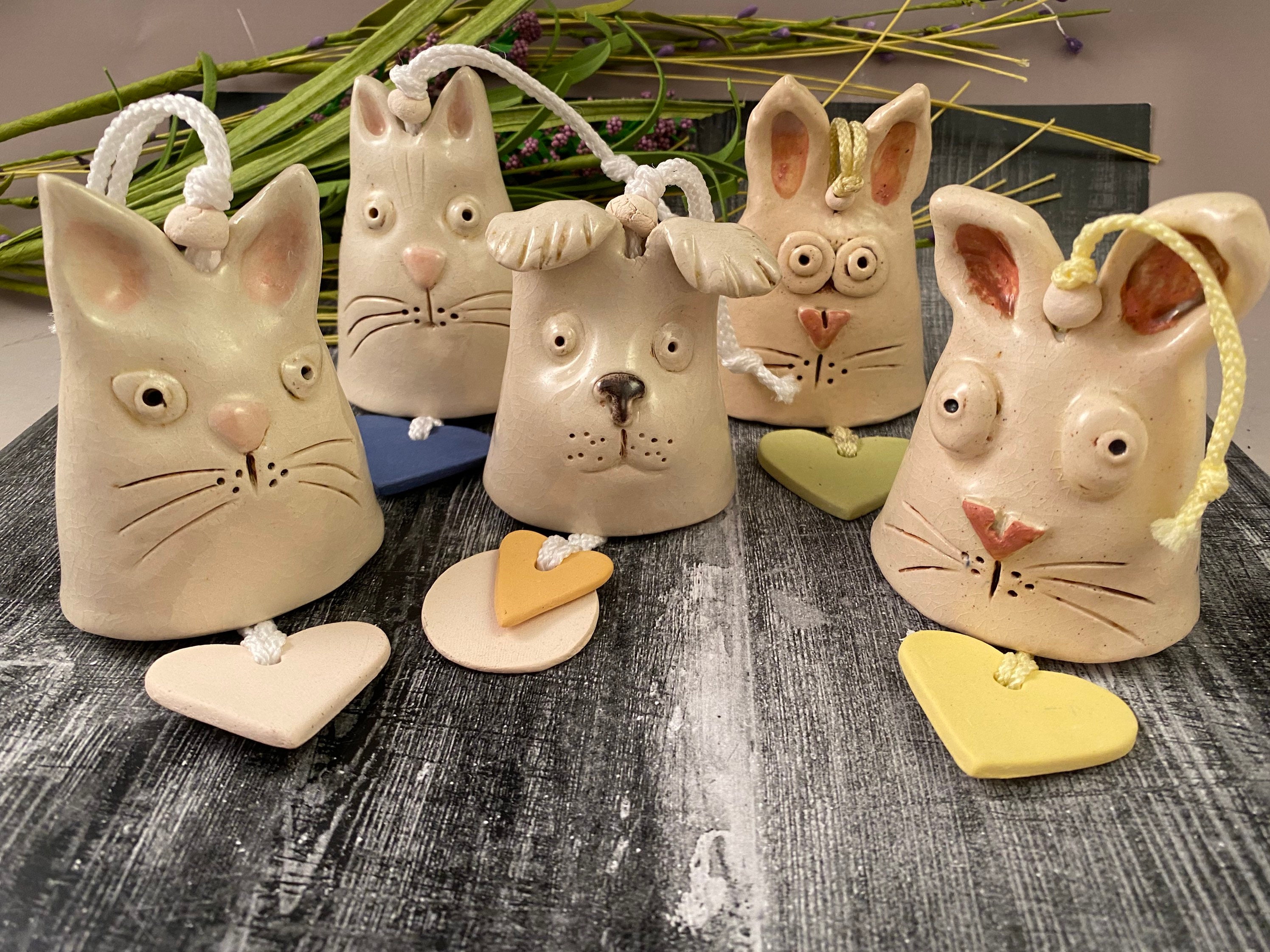Whimsical Pottery Bunny & Puppy Bells Ceramic Animal - Etsy