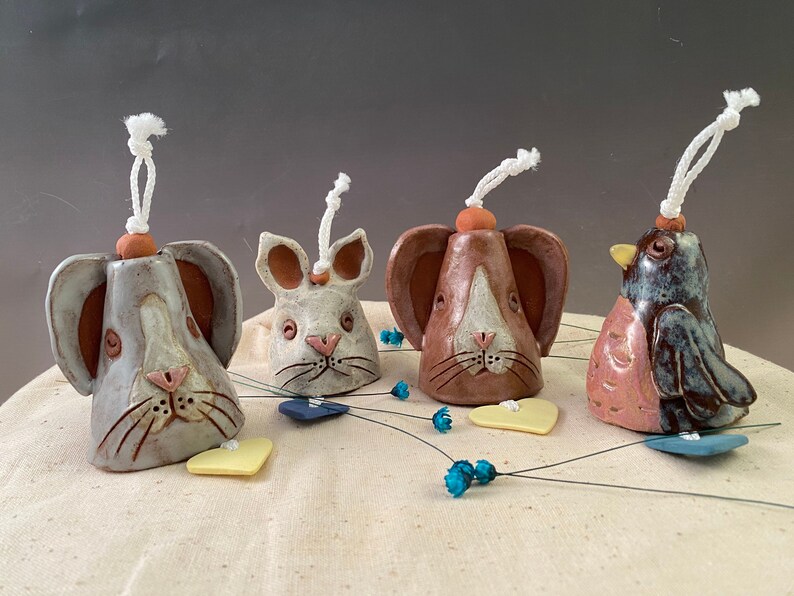 Miniature Pottery Bunny & Bird Bells Whimsical Ceramic - Etsy