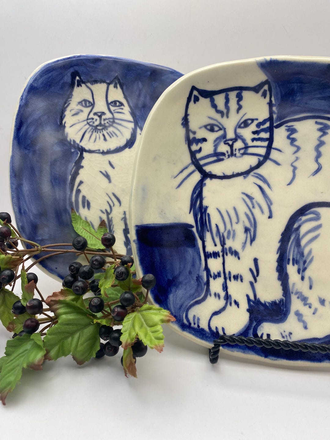 Hand Painted Pottery Cat Plate, Cobalt Blue Square Plate - Etsy