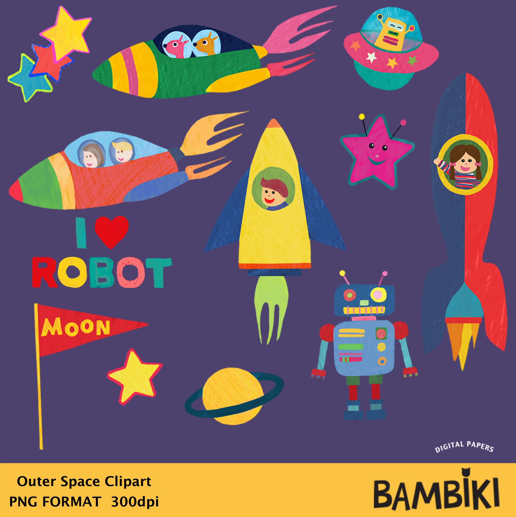 Outer Space Clipart, Robot Clipart, Stars Clipart, Rocket Ship Clipart ...