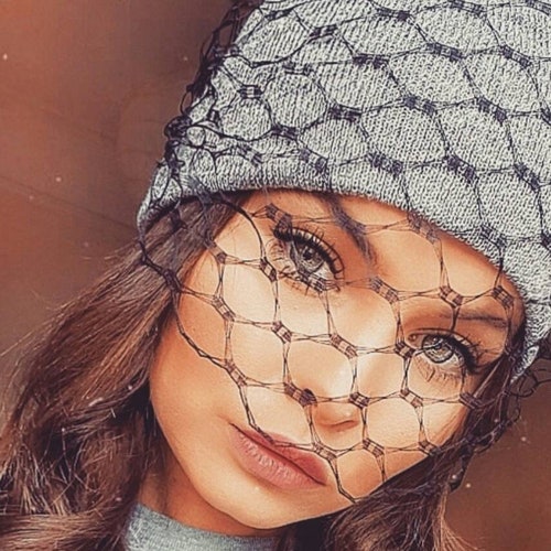 Beanie Hat Veiled Black Beanie Hat With Veil in Waffle Net | Etsy