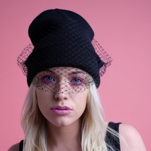 Veiled Black Beanie Hat With Birdcage Veil Funeral Veil Beanie Fashion ...