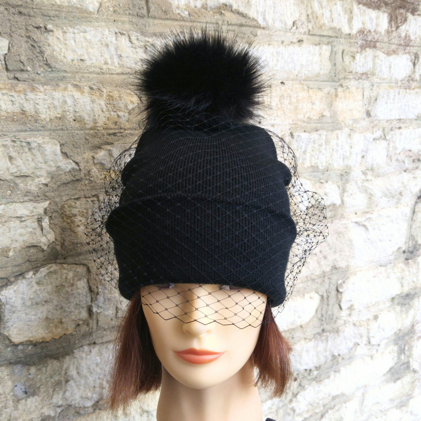 Veiled Beanie Soft Faux Fur Pom Pom Beanie With Veil Black - Etsy UK