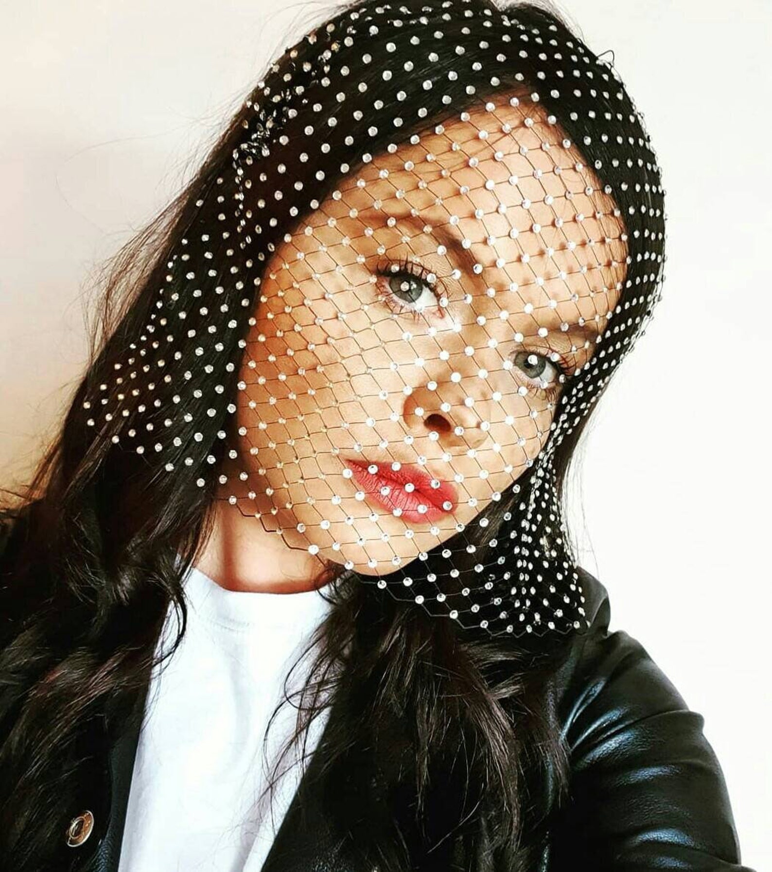 Mesh Veil with crystal beading rhinestones. Black net veil on | Etsy