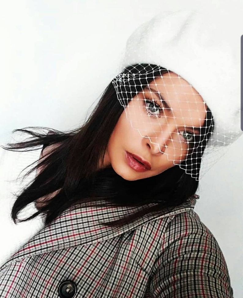 White Beret Hat With Veil French Beret Veiled off White/cream Beret ...