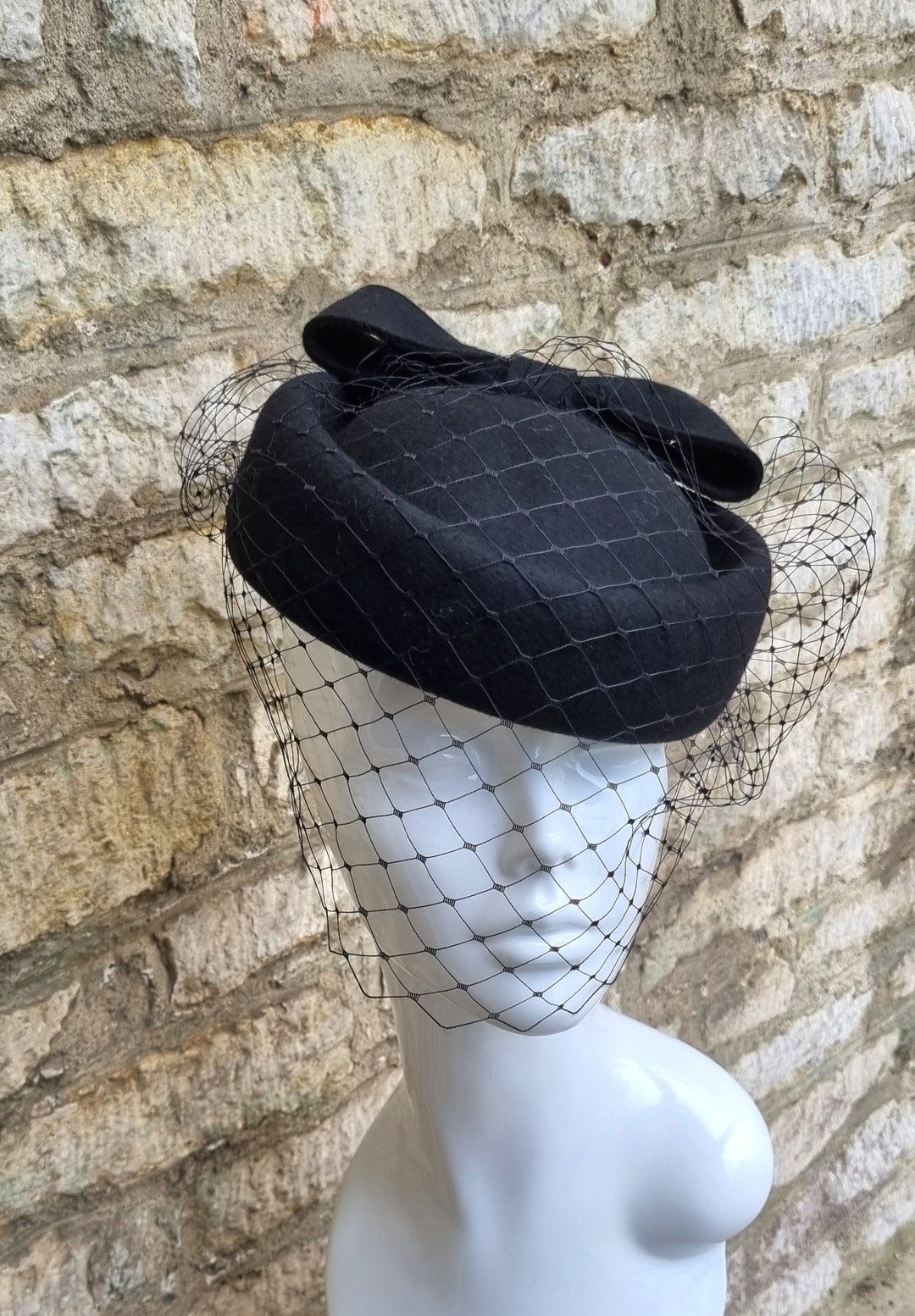 Black Pillbox Hat With Birdcage Fascinator Veil Black Wool Felt Hat ...