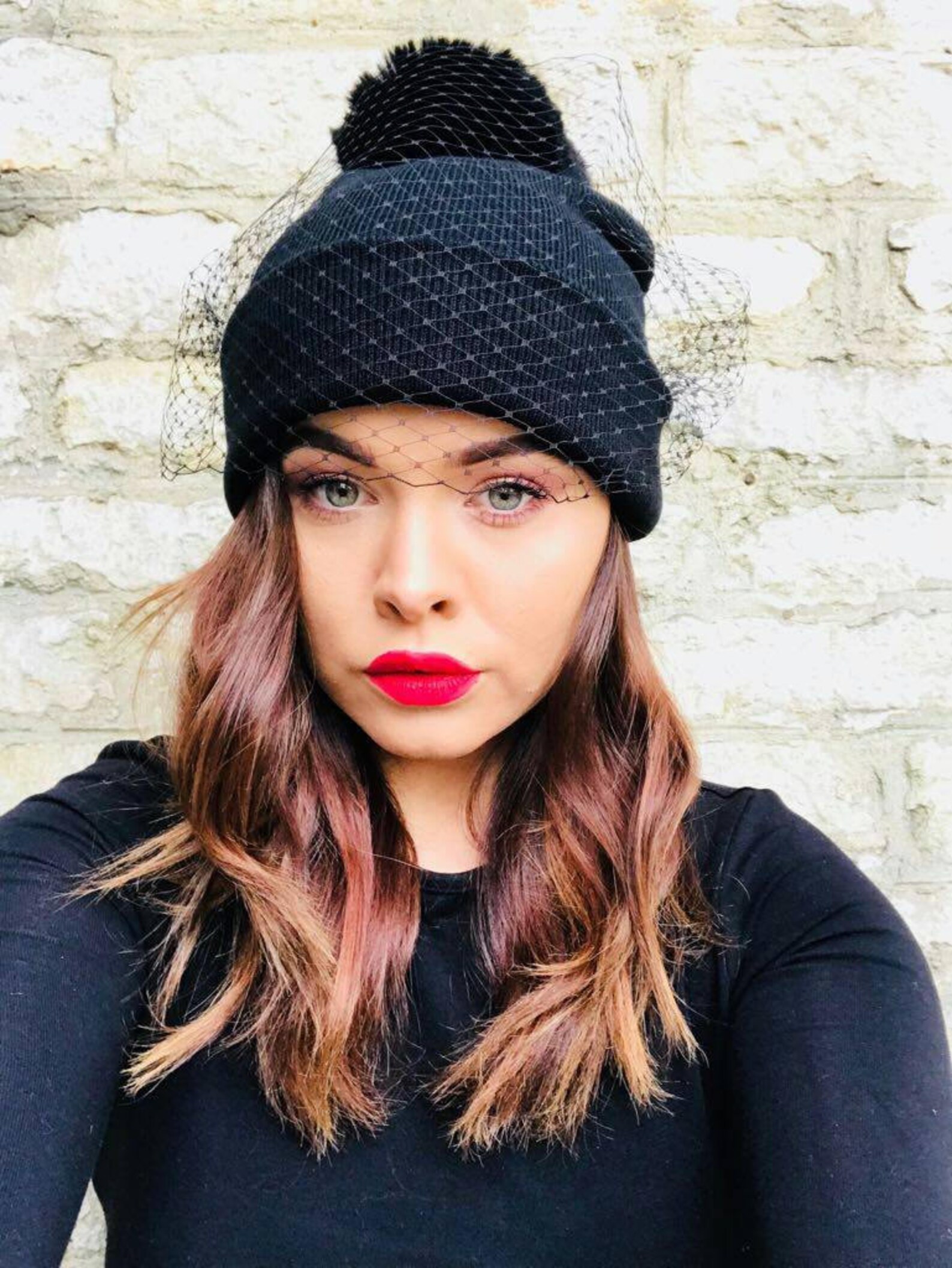 Veiled Beanie Soft Faux Fur Pom Pom Beanie With Veil Black - Etsy UK