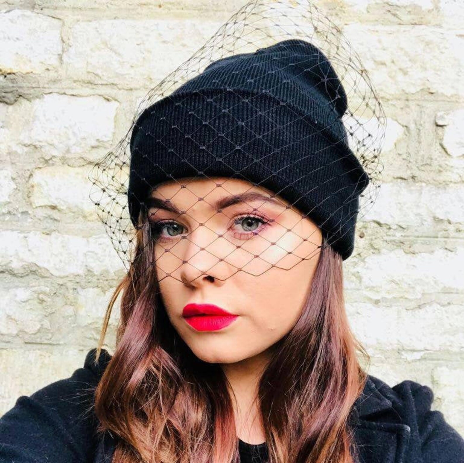 Veiled Black Beanie Hat With Black Merry Widow Veil Veiled - Etsy UK
