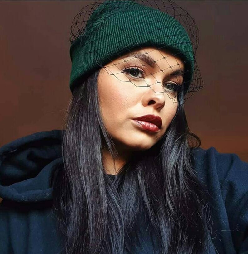 Veiled Dark Green Beanie Hat With Black Merry Widow Veil - Etsy