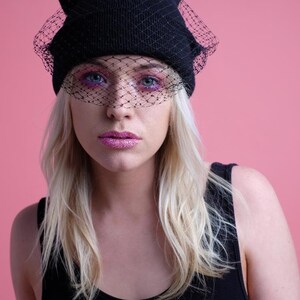 Veiled Black Beanie Hat With Black Fascinator Veil Funeral Veil Hat ...