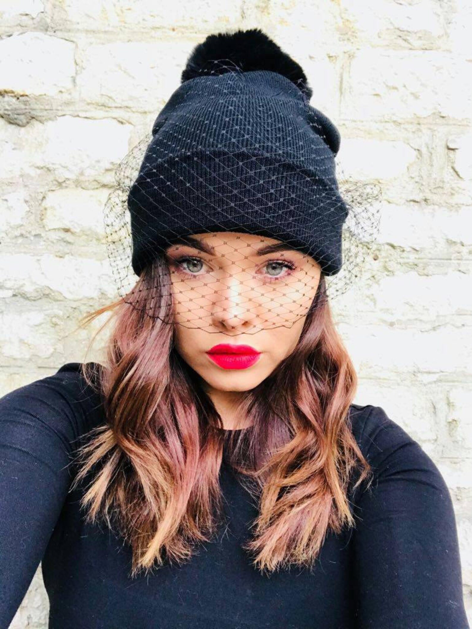 Veiled Beanie Soft Faux Fur Pom Pom Beanie With Veil Black - Etsy UK