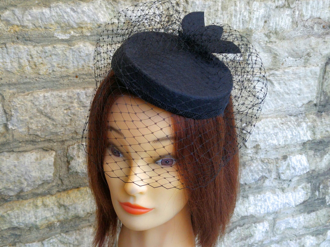 Pillbox Hat With Veil Black Cocktail Hat and Birdcage Fascinator Veil ...