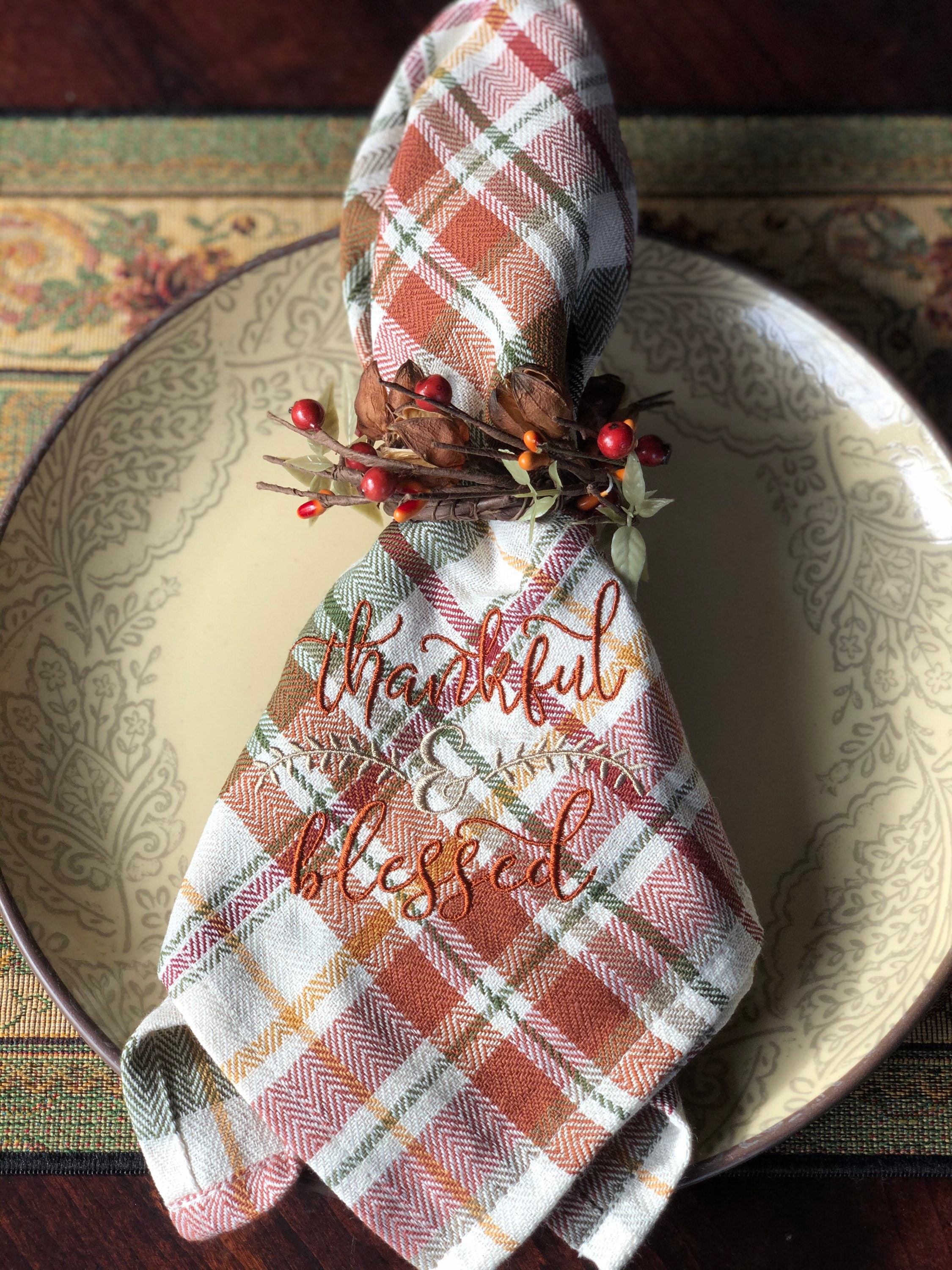 Embroidered Plaid Thanksgiving Dinner Napkins, Thankful and Blessed - Etsy