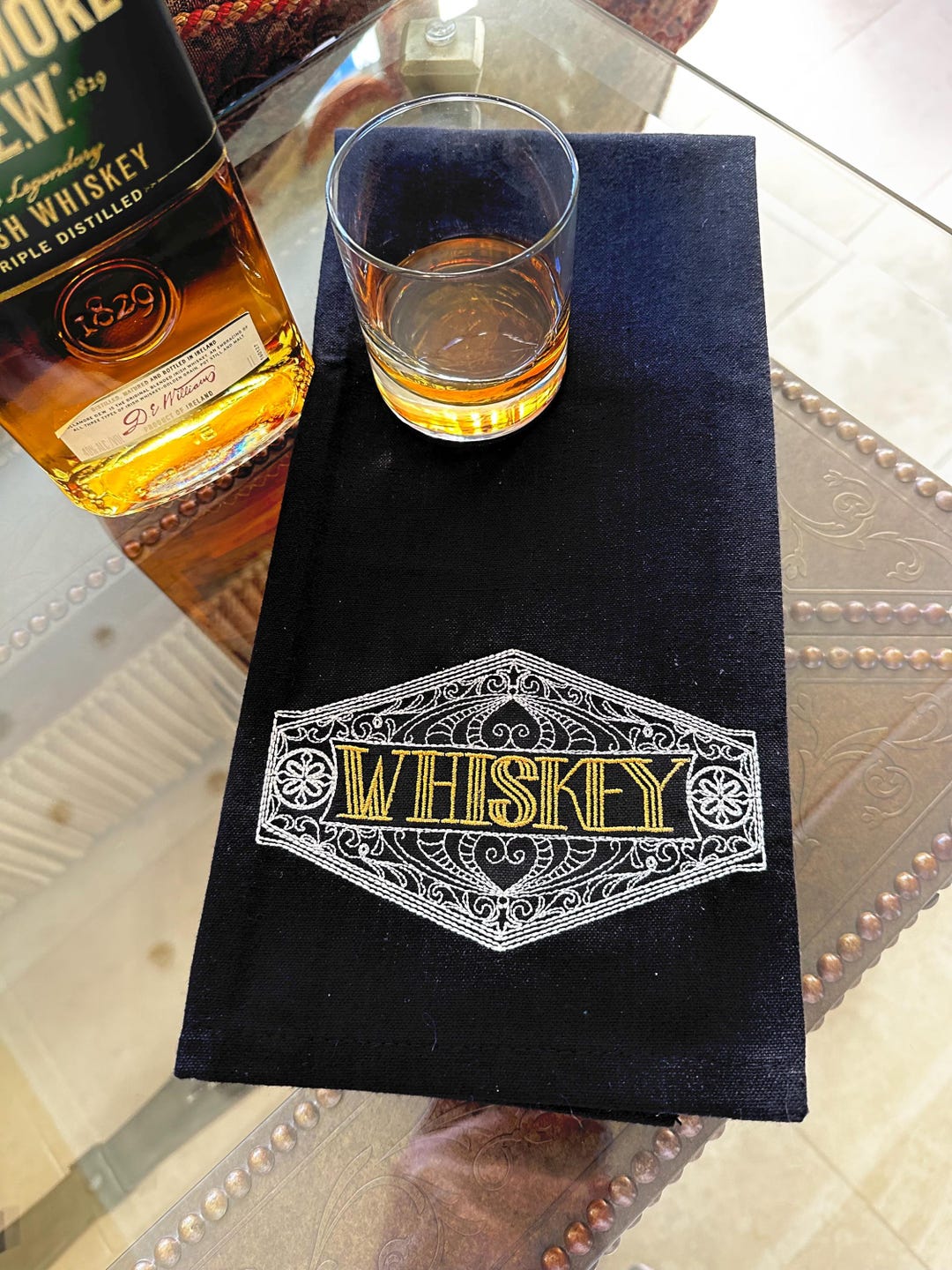 Embroidered Black Woven Bar Towel, Whiskey Bar Towel - Etsy