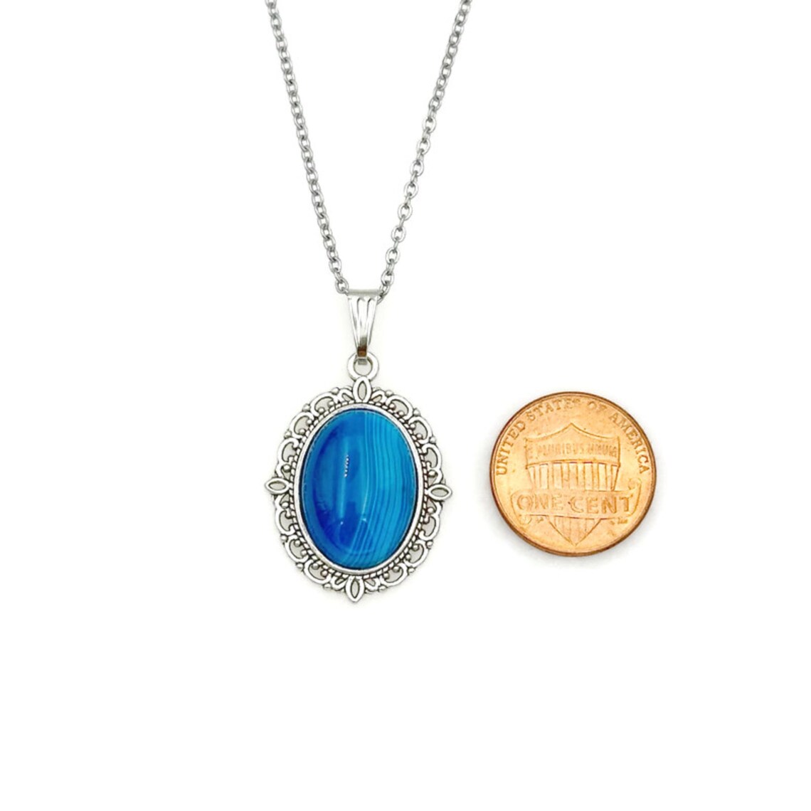 Blue Agate Pendant, Blue Stone Pendant, Oval Pendant, Agate Stone ...