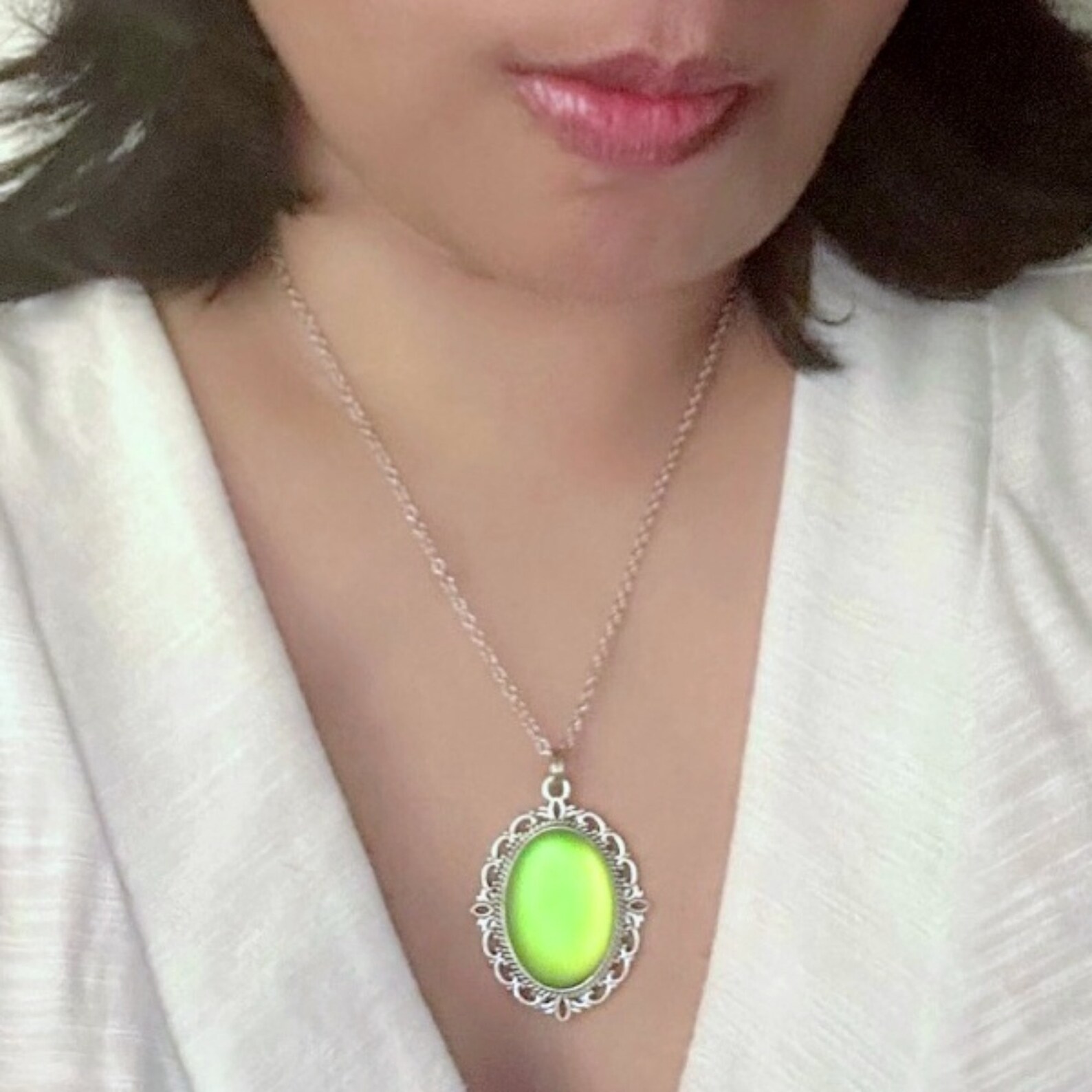 Lime Green Necklace, Bright Green Pendant, Oval Green Pendant, Lucite ...
