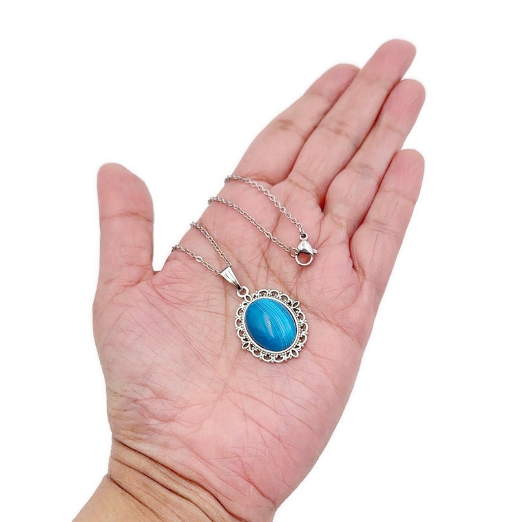 Blue Agate Pendant, Blue Stone Pendant, Oval Pendant, Agate Stone ...