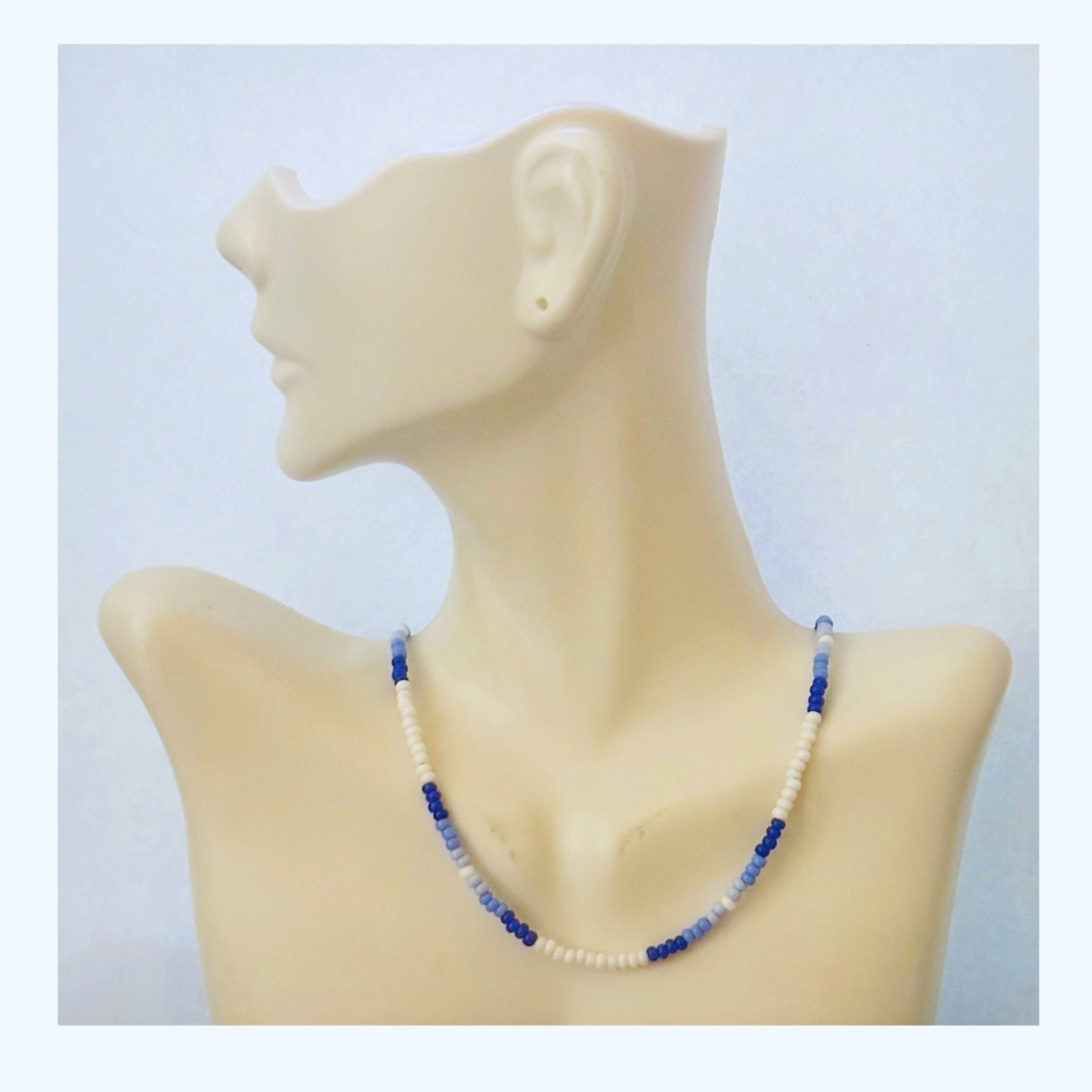 Blue Seed Bead Necklace, Thin Beaded Necklace, Blue Beaded Necklace ...