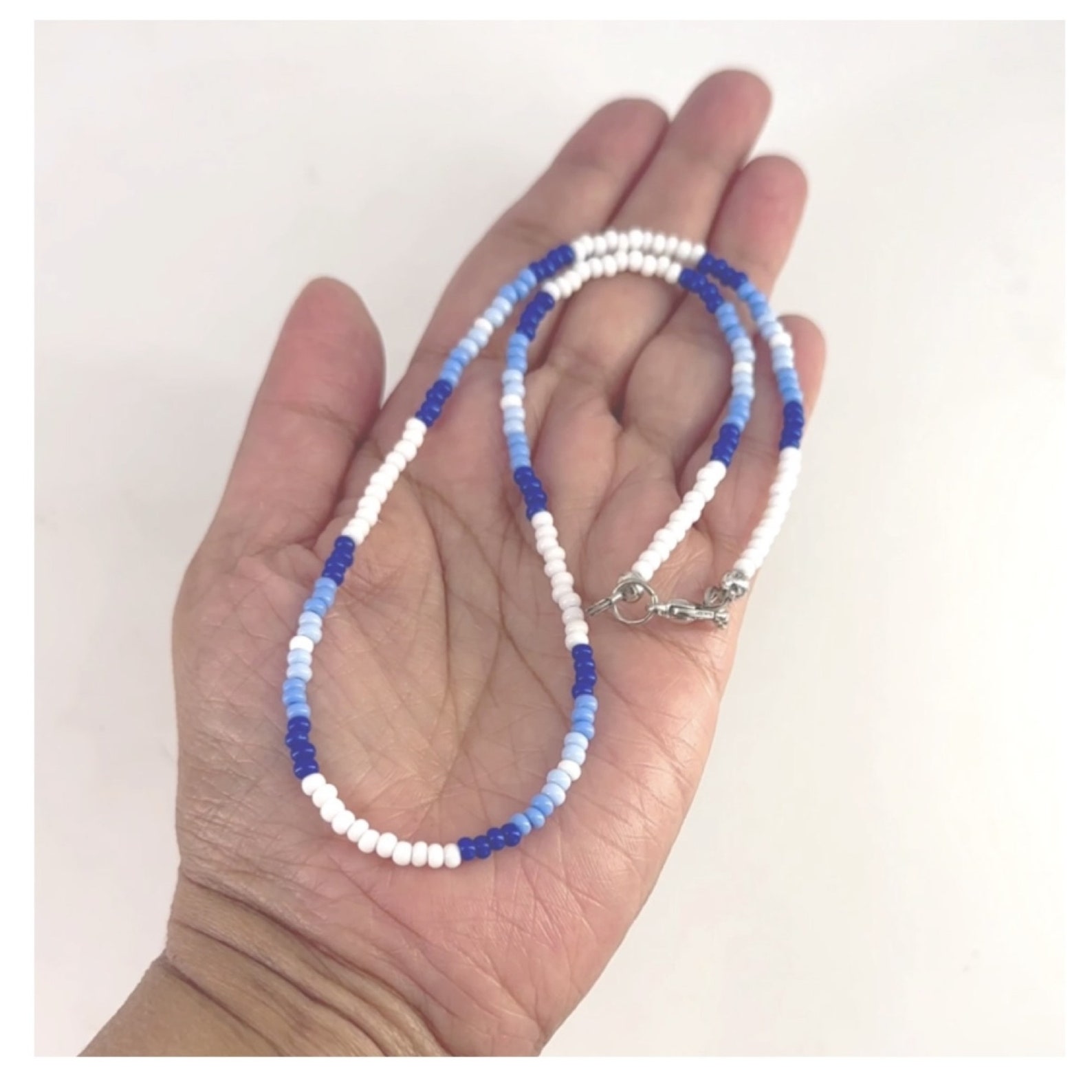 Blue Seed Bead Necklace, Thin Beaded Necklace, Blue Beaded Necklace ...