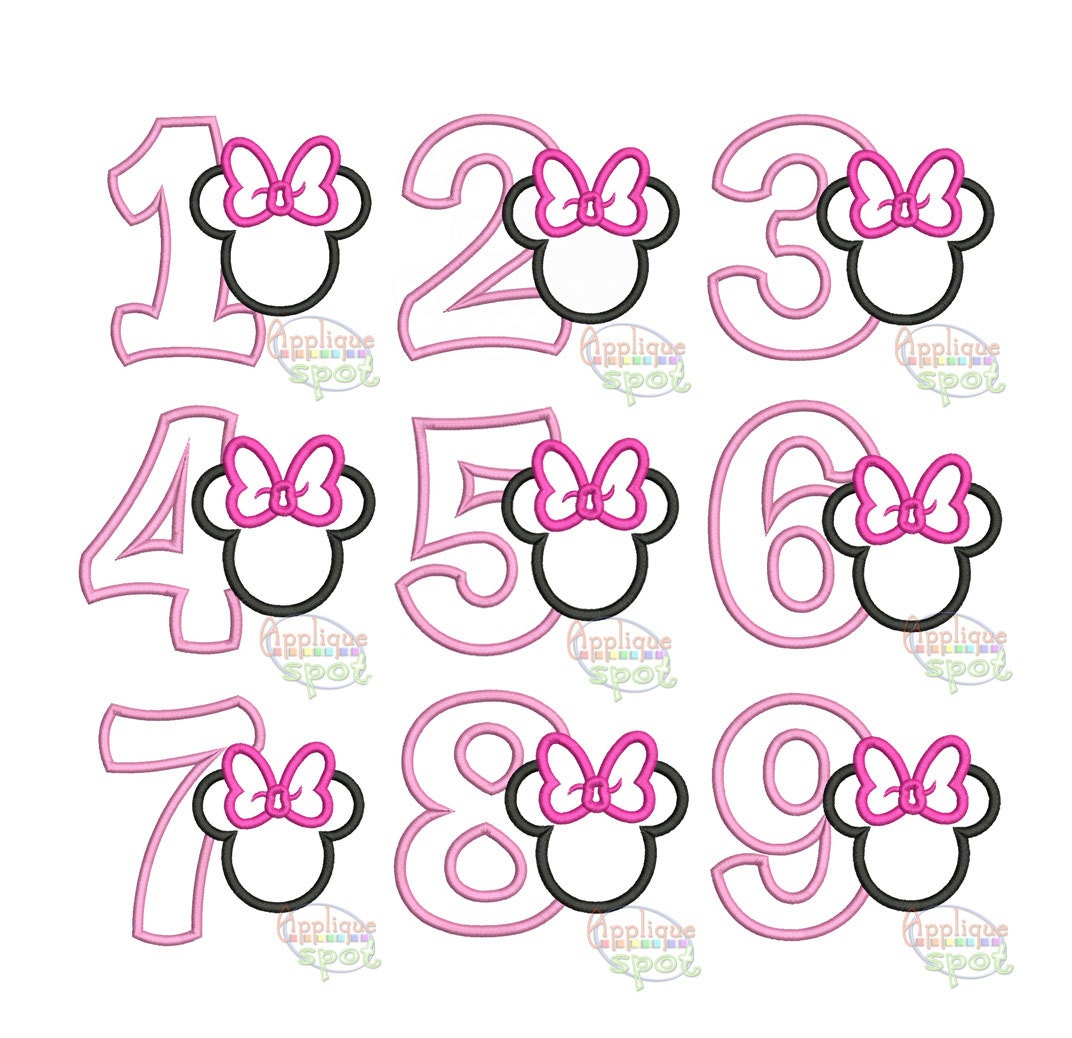 Conjunto de silueta de Minnie cumpleaños números 1 a 9 apliques diseño ...