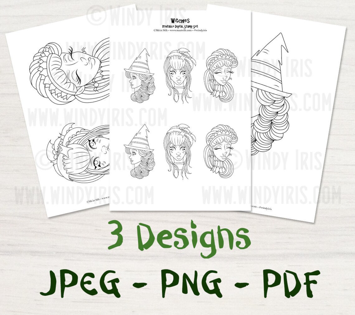 Cute Witch Digital Stamp Set 3 Black and White Halloween Embellishments ...
