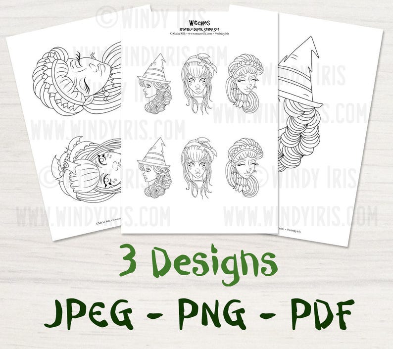 Cute Witch Digital Stamp Set 3 Black and White Halloween Embellishments ...