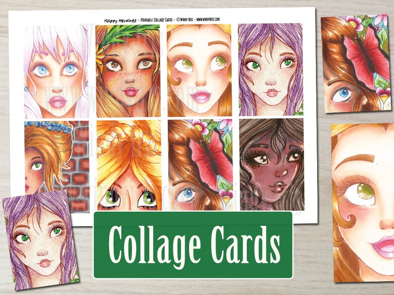 Printable Collage Cards Sheet PDF of 8 Hand Drawn Colorful Girls Faces ...