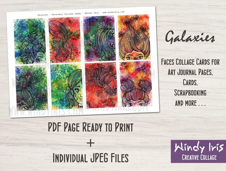 Printable Galaxies Collage Cards Sheet PDF of 8 Hand Drawn Colorful ...